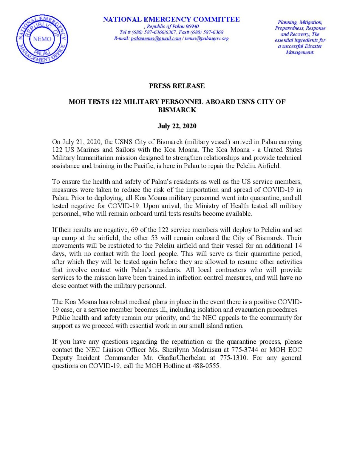 NEC_PR: MOH TESTS 122 MILITARY PERSONNEL ABOARD USNS CITY OF BISMARCK